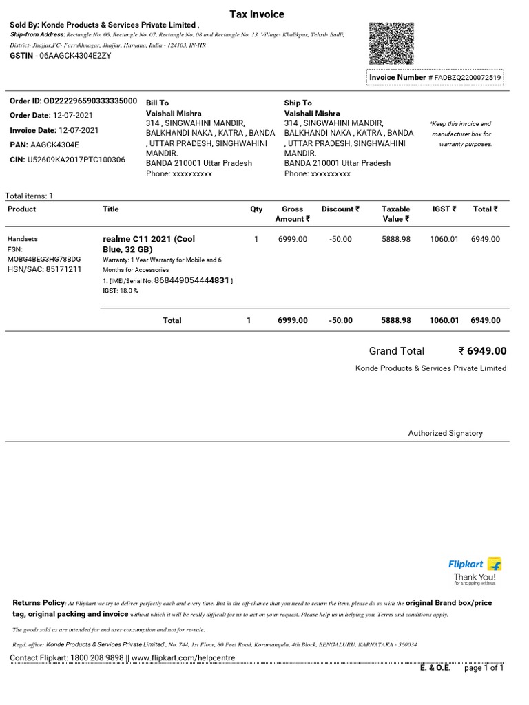 Invoice for realme C11 Purchase | PDF | Taxes | Payments