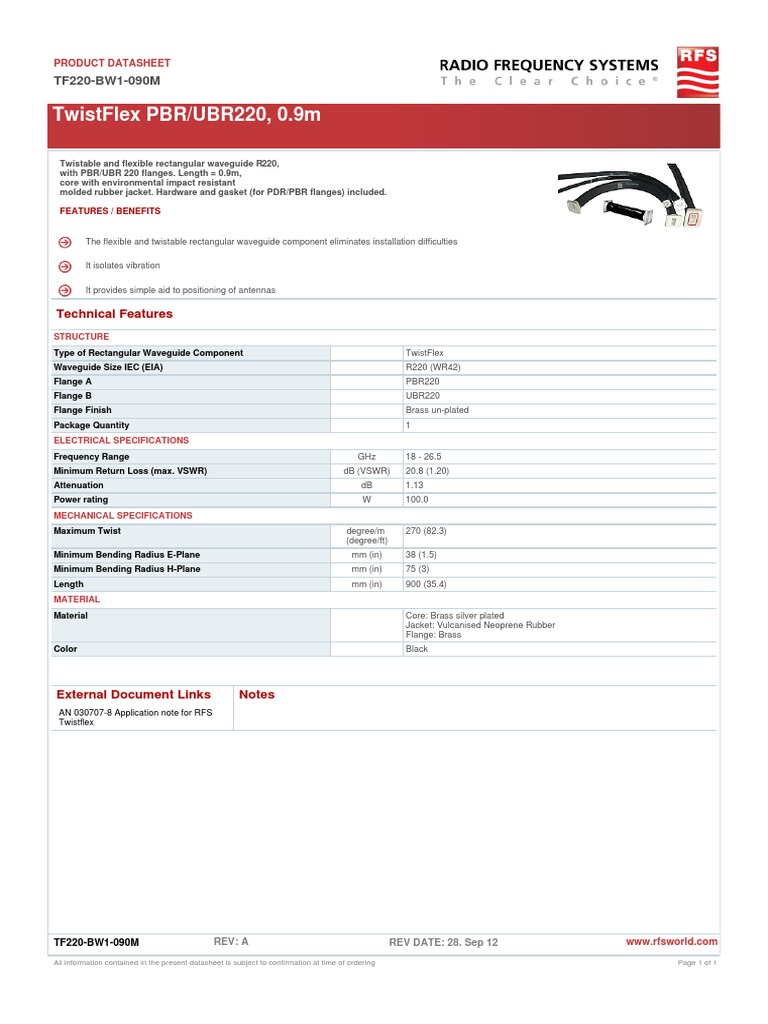 TwistFlex PBR/UBR220, 0.9m Rectangular Waveguide: Technical Datasheet ...