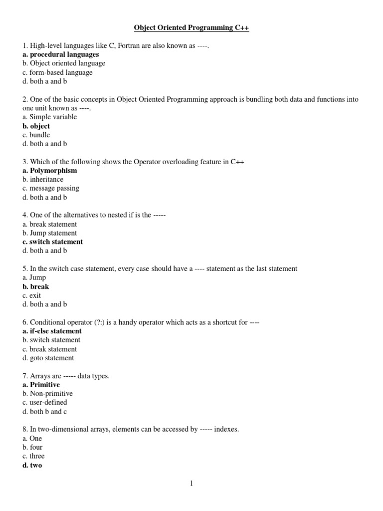 Object Oriented Programming C Mcqs Pdf Class Computer Programming Inheritance Object
