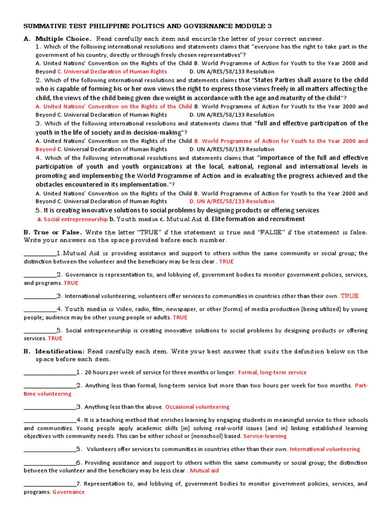 Summative Test on Philippine Governance | PDF | Volunteering | Children ...