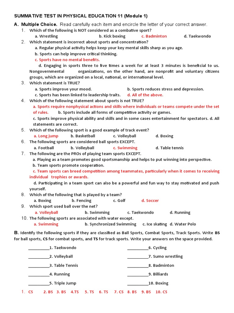 PE 11 - Q3-M1 Summative Test | PDF | Sports | Physical Education