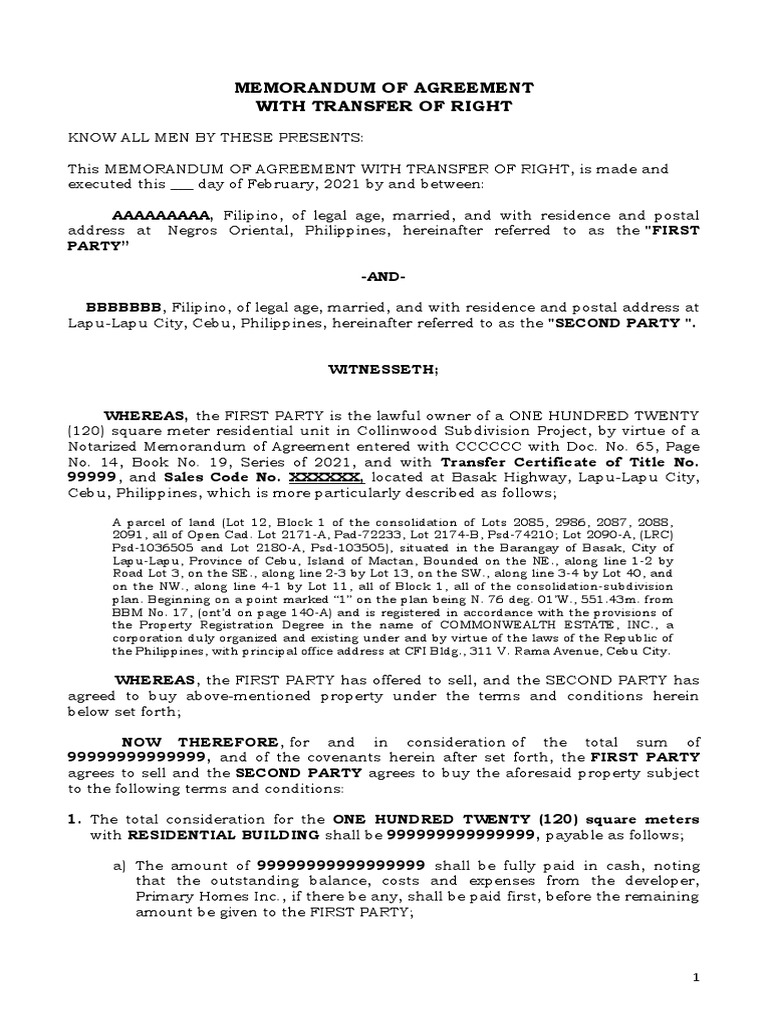 Memorandum of Agreement of Real Property With Transfer of Right | PDF ...