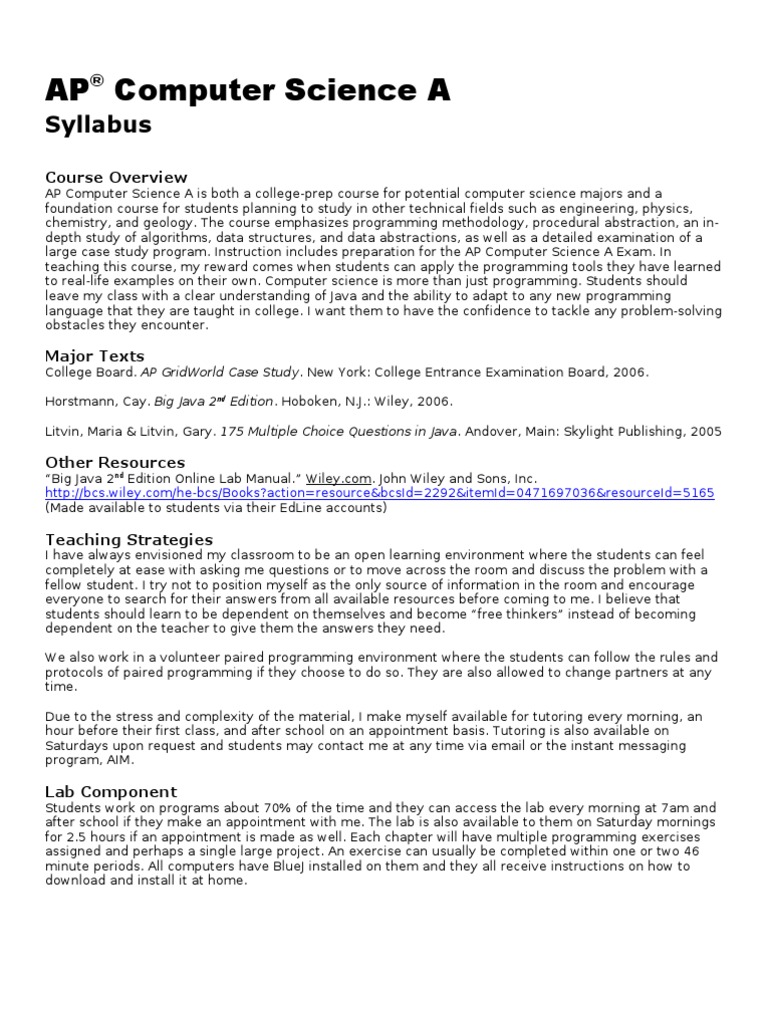 AP Computer Science A: Syllabus | PDF | Inheritance (Object Oriented ...