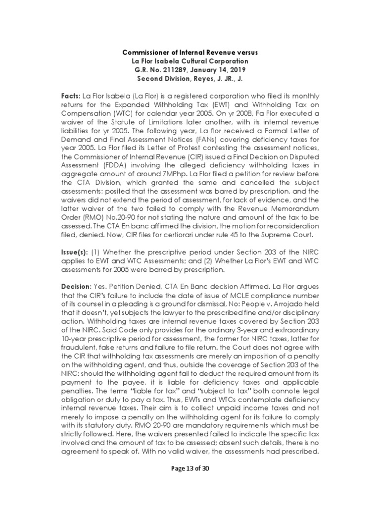 CIR vs. La Flor Isabela 211289 | PDF | Taxes | Government Finances