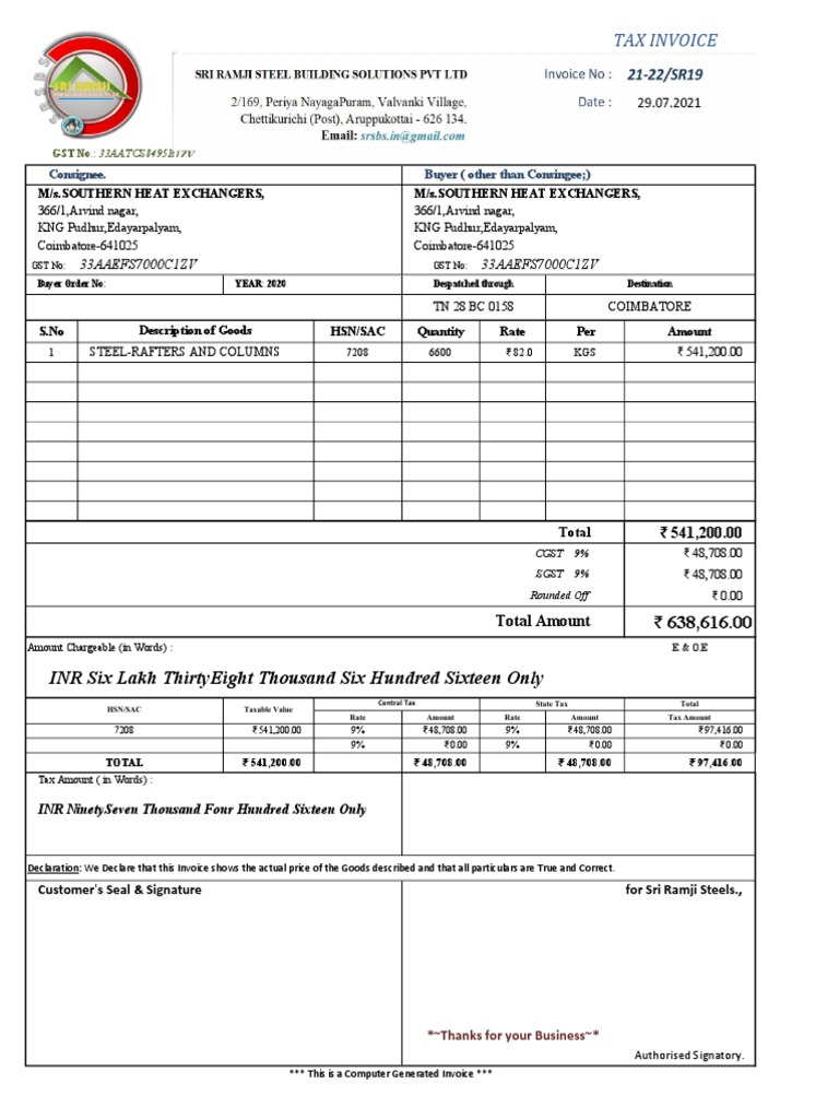 Tax Invoice: 638,616.00 Inr Six Lakh Thirtyeight Thousand Six Hundred ...
