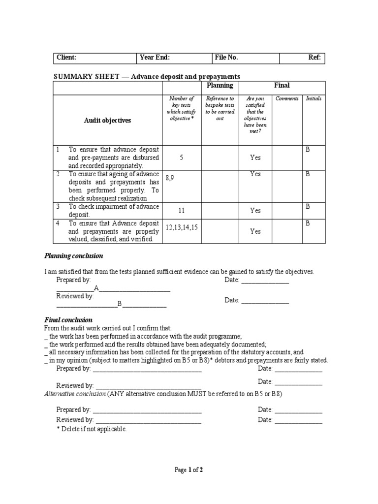 Audit Summary for Deposits & Prepayments | PDF | Audit | Business