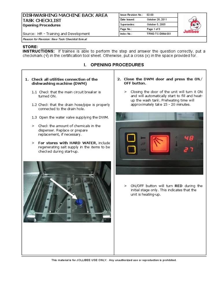 Dishwashing Machine Back Area Task Checklist: Store: Instructions | PDF ...