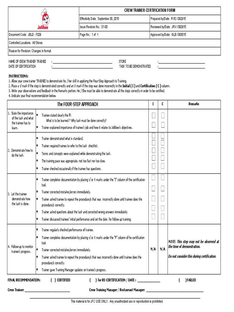 The Four-Step Approach: Crew Trainer Certification Form | Download Free ...