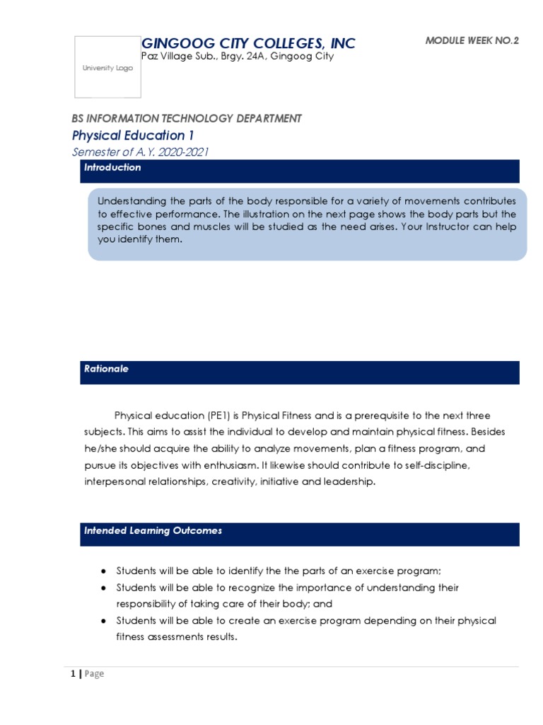 PE1 Learning Module Week 3 | Download Free PDF | Physical Fitness | Physical Exercise