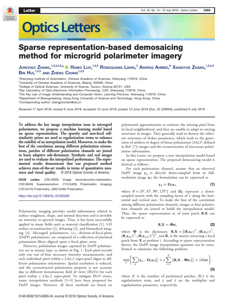 Sparse Representation Based Demosaicing Method For Microgrid Polarimeter Imagery 6337 Pdf