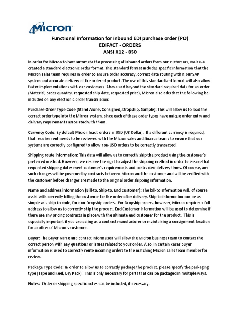 Functional Information For Inbound EDI Purchase Order (PO) Edifact ...