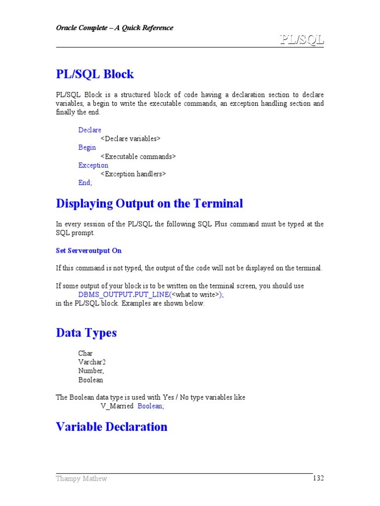 4 Quick Reference-PLSQL | PDF | Pl/Sql | Sql