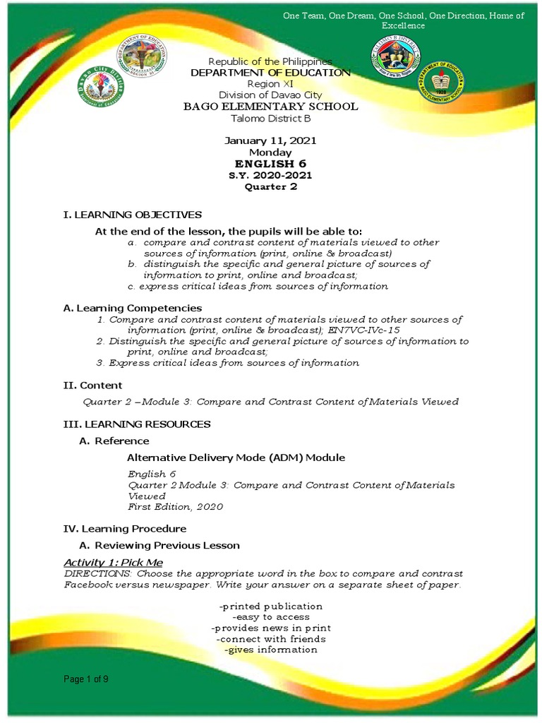 Compare and Contrast Content of Materials Viewed | PDF | Newspapers | News