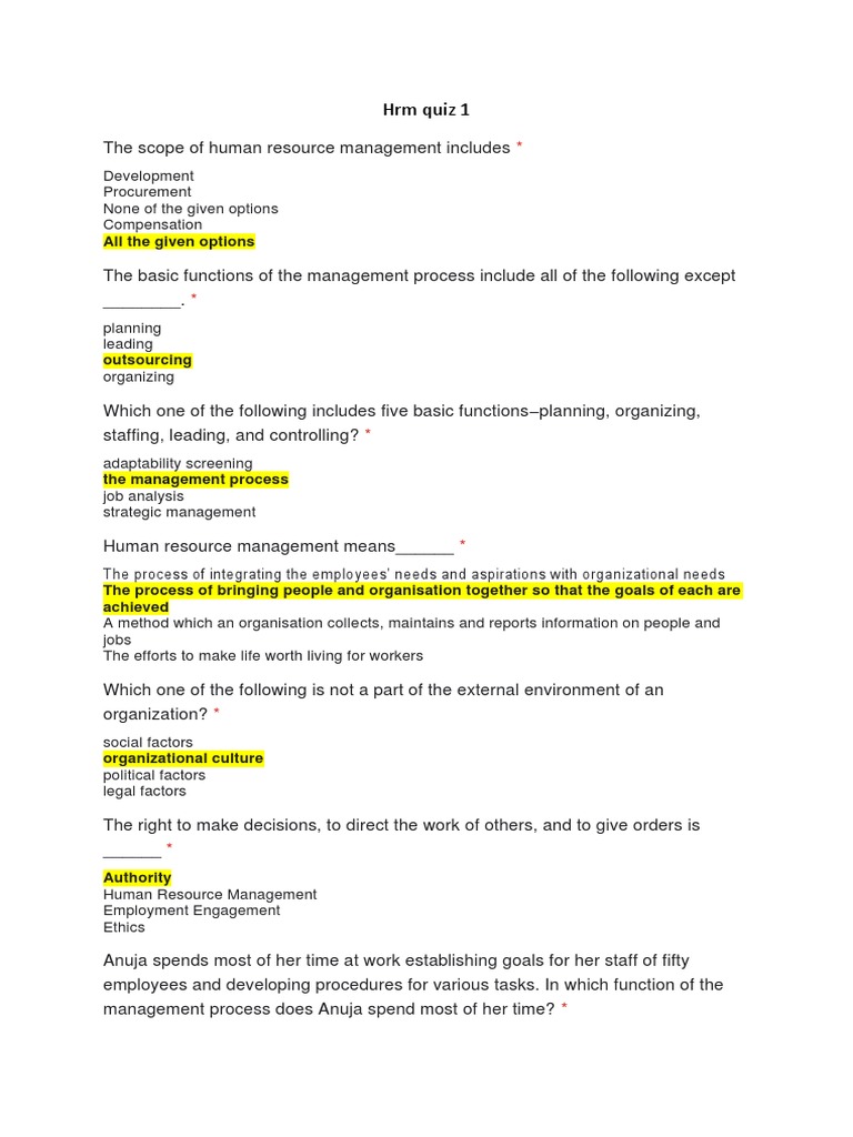 HRM Quiz 1: All The Given Options | PDF | Human Resource Management ...