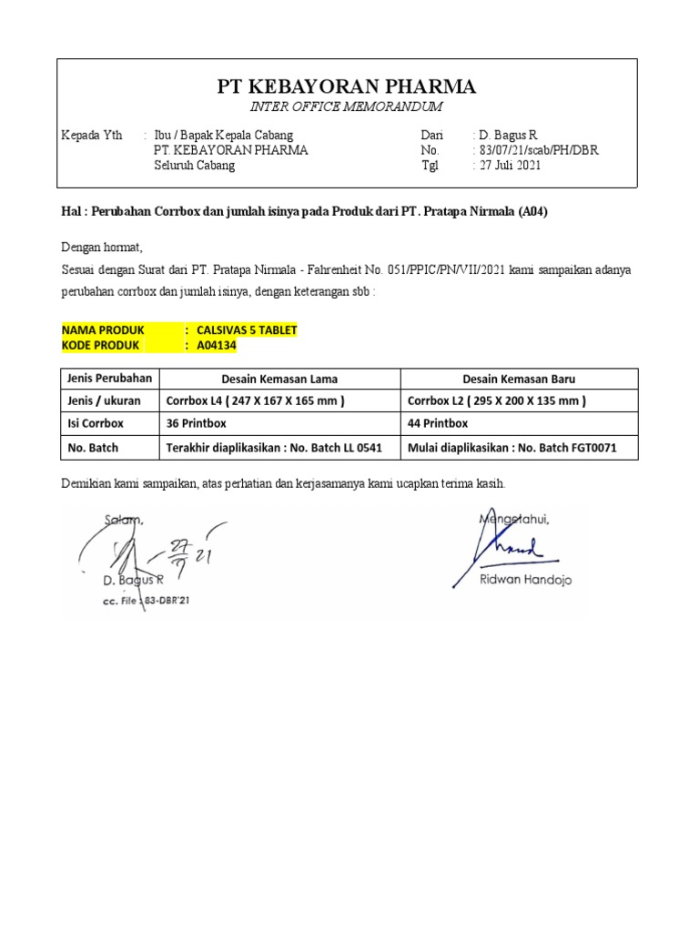 83-DBR'21 - Perubahan Corrbox Dan Jumlah Isinya Pada Produk Dari PT. Pratapa Nirmala (A04) | PDF