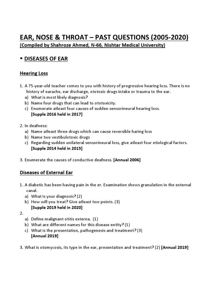 ENT - Topical Past Papers (2005-2020) - 1 | PDF | Human Nose | Ear