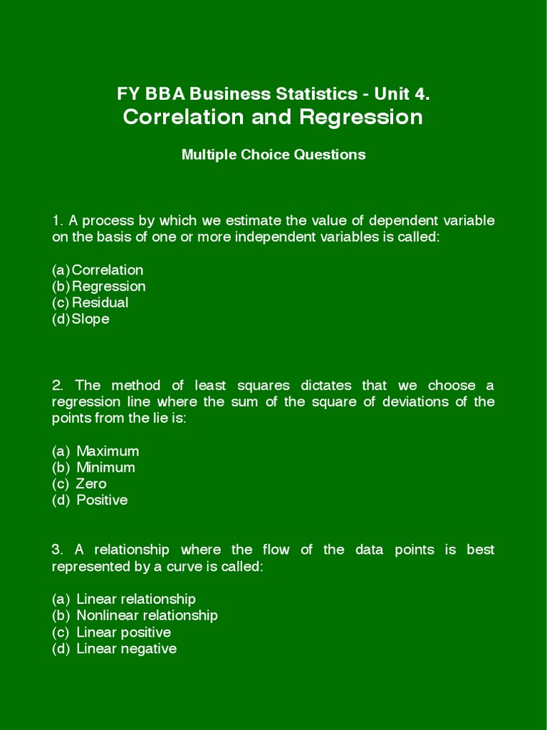 MCQs Unit 4 Correlation and Regression | PDF | Errors And Residuals ... MCQs Unit 4 Correlation and Regression | PDF | Errors And Residuals ...