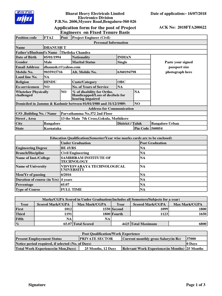 Application Form For The Post of Project Engineers On Fixed Tenure ...