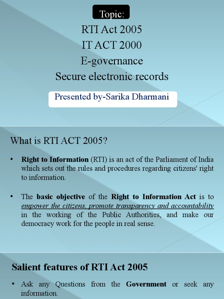 RTI Act 2005 IT ACT 2000 E-Governance Secure Electronic Records | PDF ...