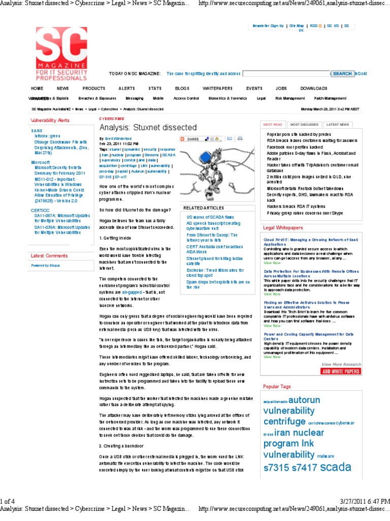 Analysis Stuxnet Dissected | PDF | Cybercrime | Telecommunications