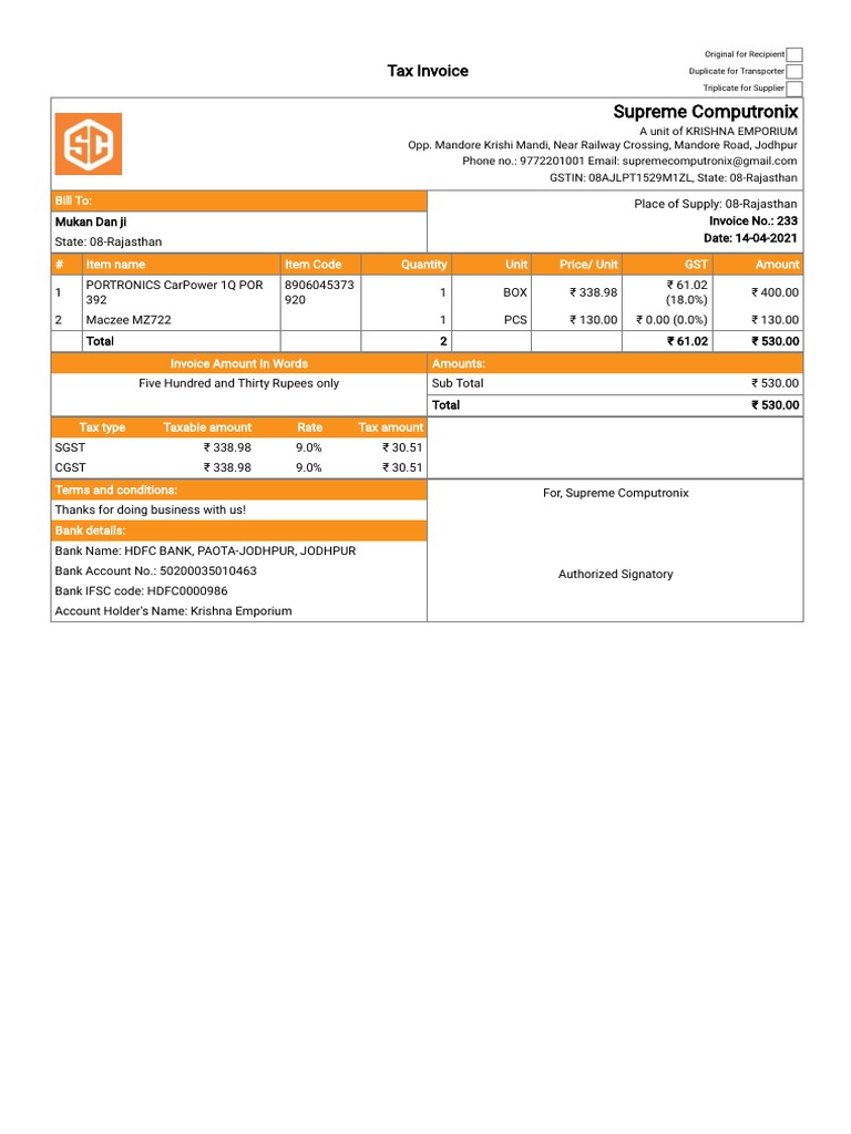 Supreme Computronix Tax Invoice 233 | PDF | Trade | Policy