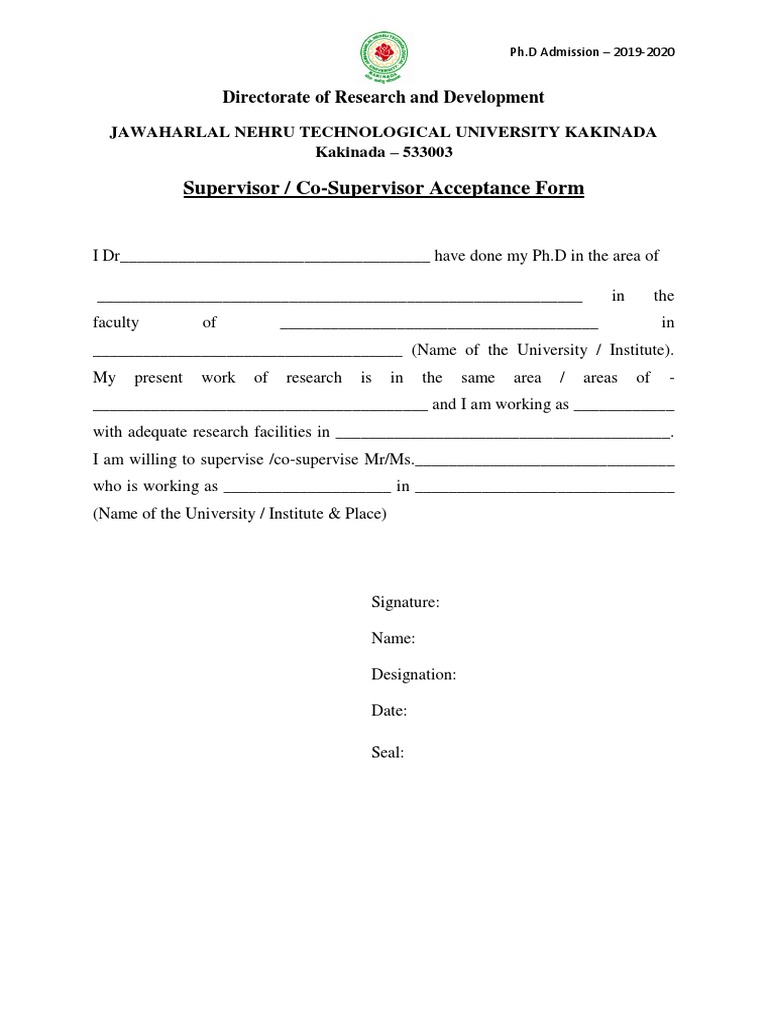 Supervisor / Co-Supervisor Acceptance Form: Directorate of Research and Development | PDF