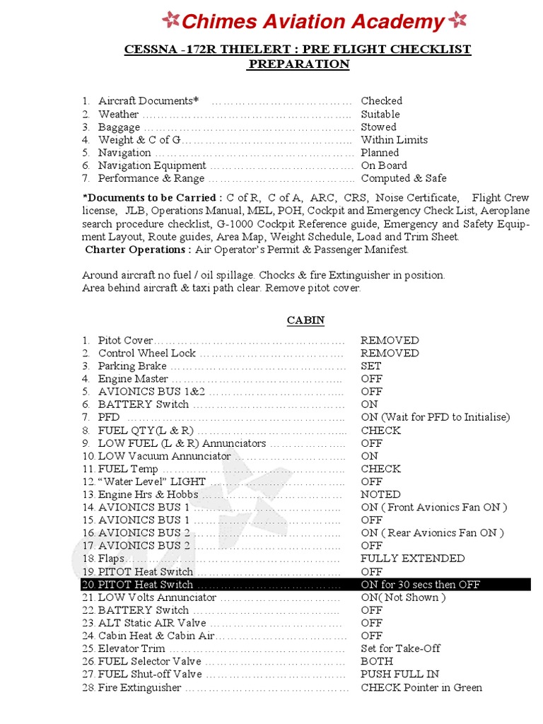 Preflight Checklist CESSNA 172 Thielert CHIMES AVIATION ACADEMY 2020 ...