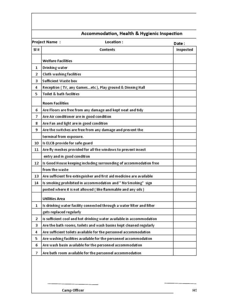 F 016 Accommodation Inspection Checklist | PDF | Wellness