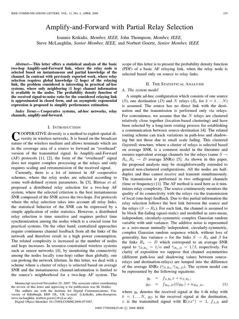 Amplify-and-Forward With Partial Relay Selection | PDF | Information And Communications ...