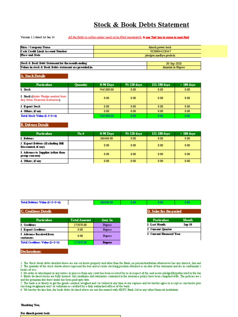 Stock & Book Debts Statement: All The Fields in Yellow Colour Needs To ...