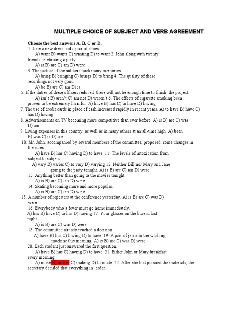 Multiple Choice of Subject and Verb Agreement | PDF