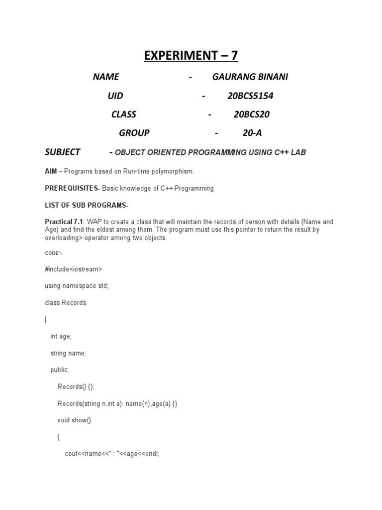 Experiment - 7: Object Oriented Programming Using C++ Lab | PDF | C++ | Computer Programming
