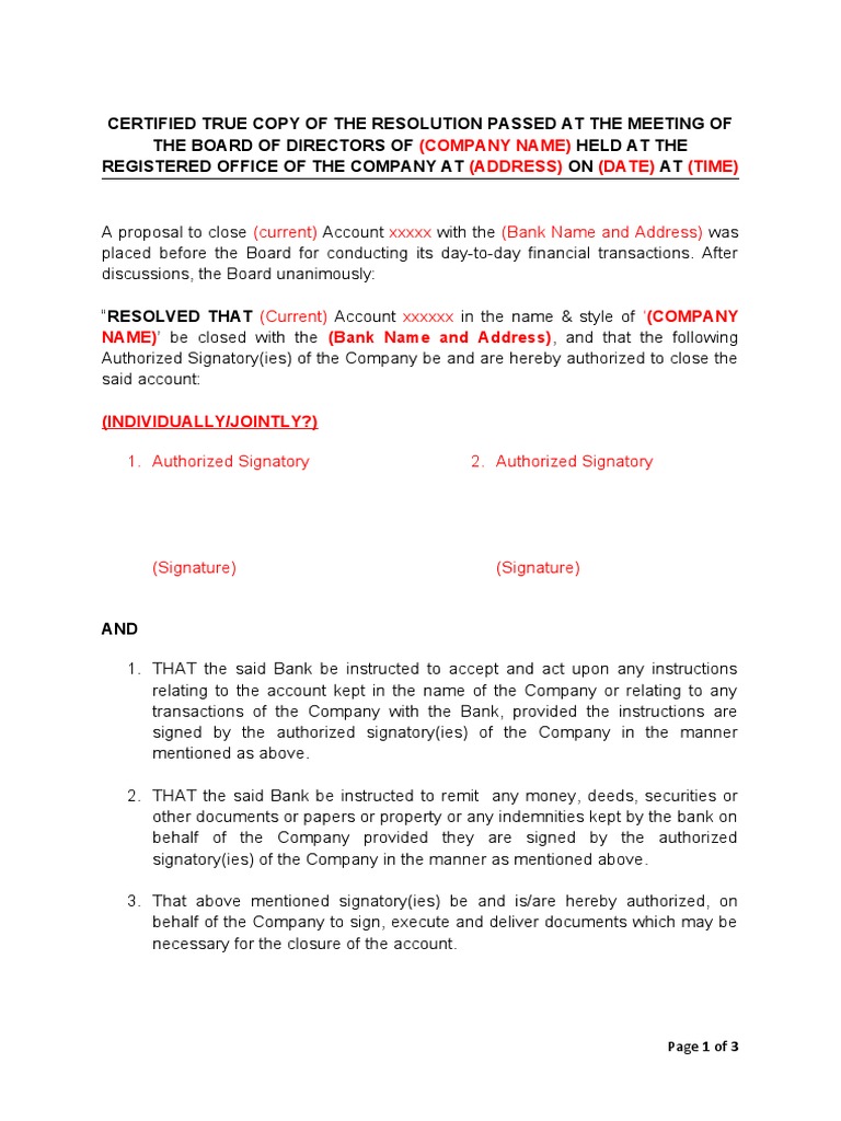 Resolution to Close a Bank Account and Authorize Signatories | PDF ...