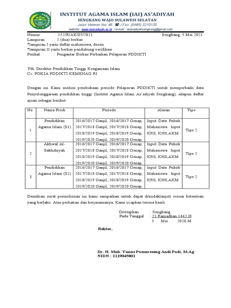Format Surat Pengantar Berkas Perbaikan Pelaporan Pddikti 2 | PDF