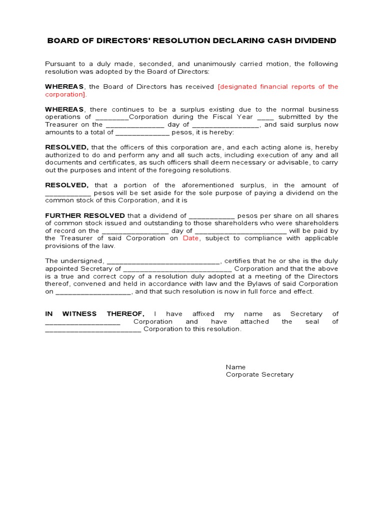 Board Resolution Declaration of Cash Dividends | PDF | Dividend | Board ...