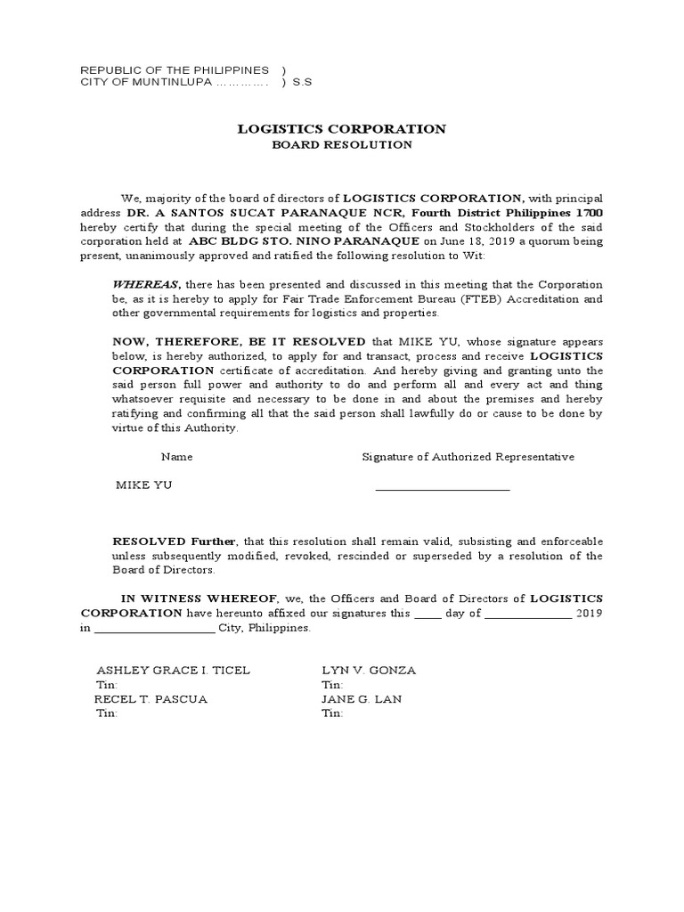 Board Resolution Sample | PDF | Civil Law (Common Law) | Private Law