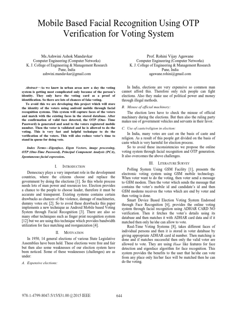 Mobile Based Facial Recognition Using OTP Verification For Voting System | PDF | Eigenvalues And ...