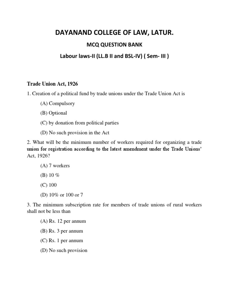 Dayanand College of Law, Latur.: MCQ Question Bank Labour laws-II (LL.B ...