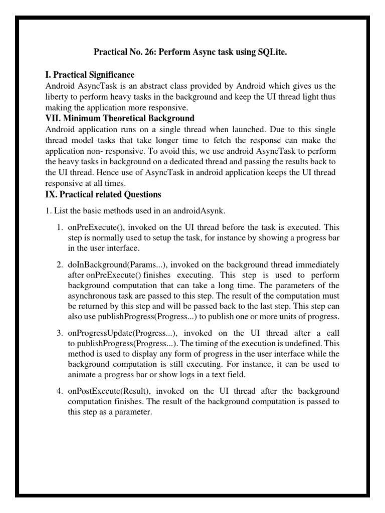 Practical No. 26: Perform Async Task Using Sqlite. I. Practical Significance | PDF | Process ...
