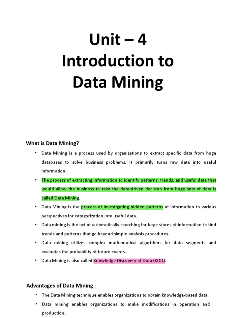 Unit - 4 Introduction To Data Mining | PDF | Data Mining | Databases