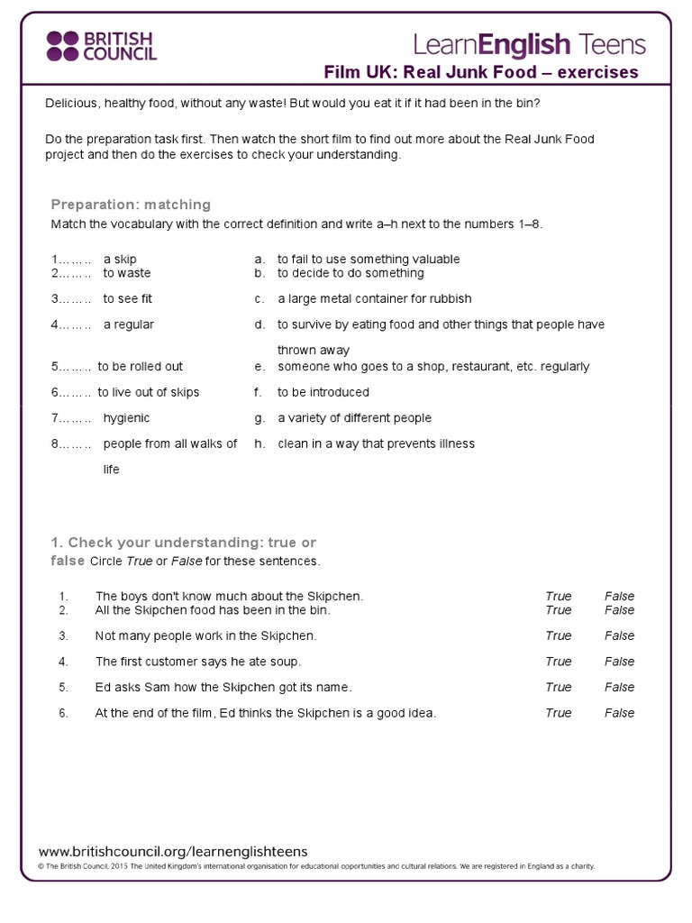Film UK: Real Junk Food - Exercises: Preparation: Matching | PDF ...
