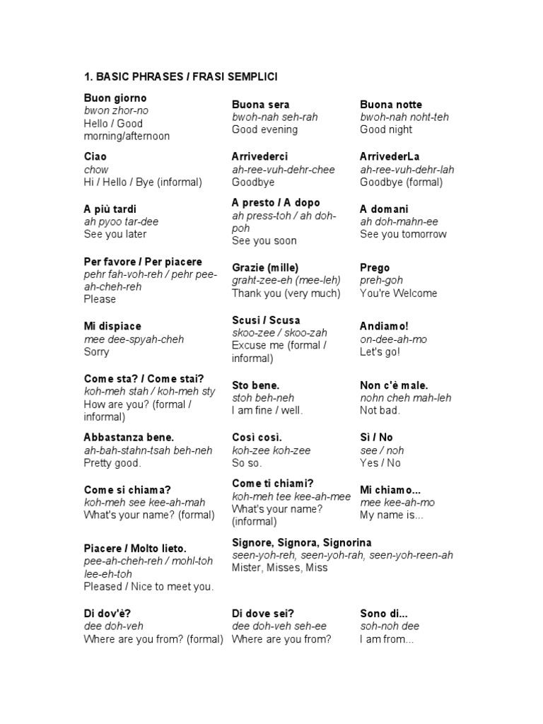 Basic Italian Phrases and Pronunciation | PDF | Grammatical Gender ...