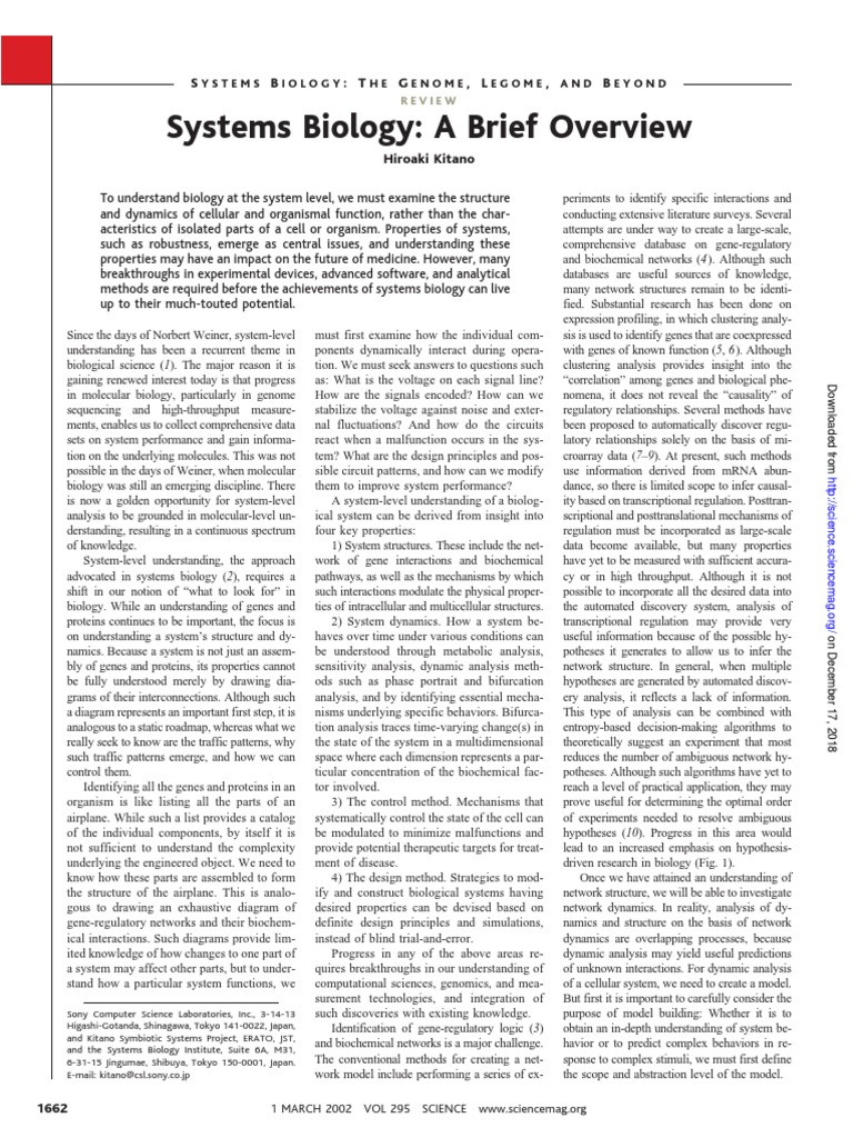Systems Biology: A Brief Overview: S B: T G, L, B | PDF | Systems ...