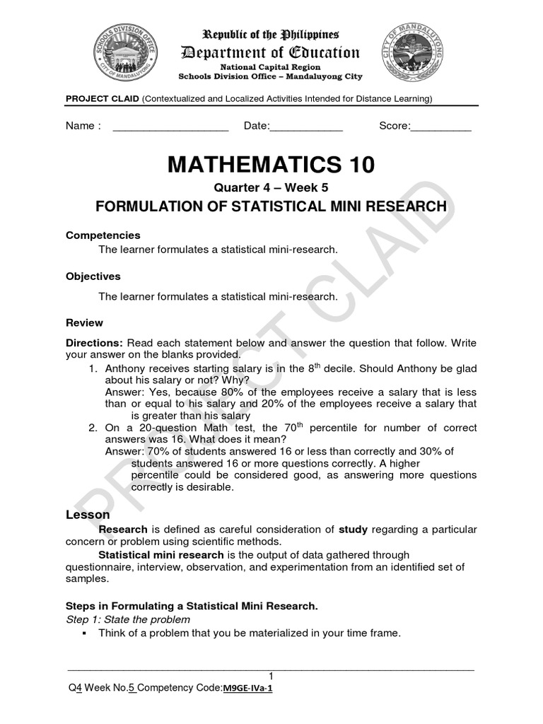 Math 10: Statistical Mini Research Guide | PDF | Survey Methodology ...