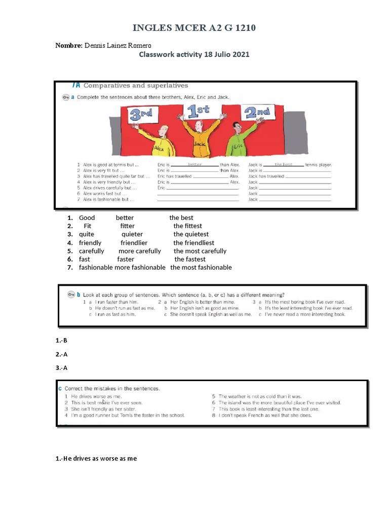 Ingles Mcer A2 G 1210: Classwork Activity 18 Julio 2021 | PDF