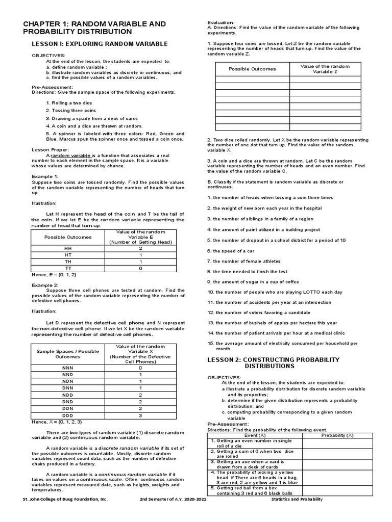 Random Variables & Probability Distributions | PDF | Standard Deviation ...