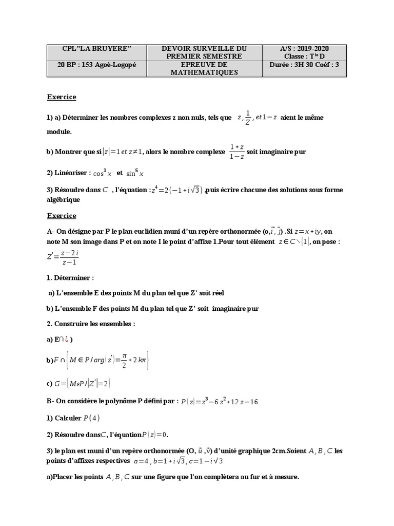 Devoir de Mathématiques Tle D 2019-2020 | PDF | Nombre complexe | Objets mathématiques