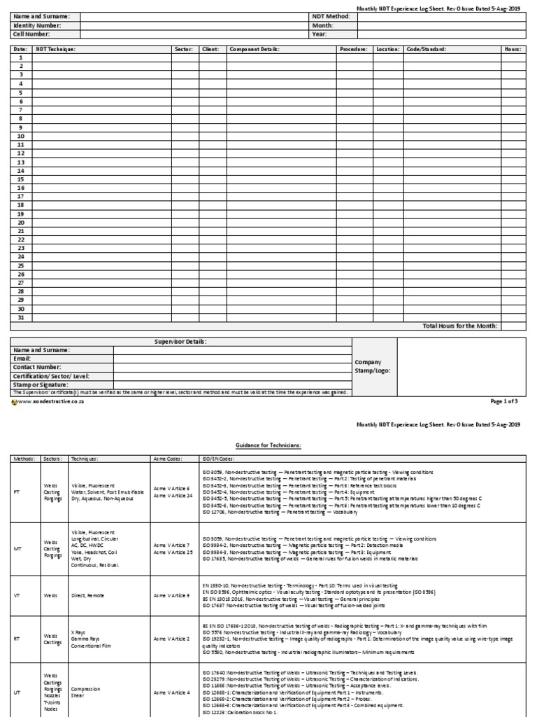 Monthly NDT Experience Log Sheet | PDF | Nondestructive Testing ...