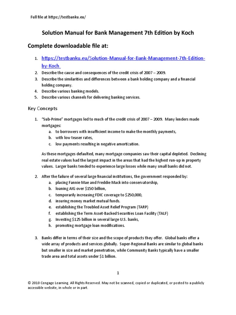 Solution Manual For Bank Management 7th Edition by Koch Complete ...