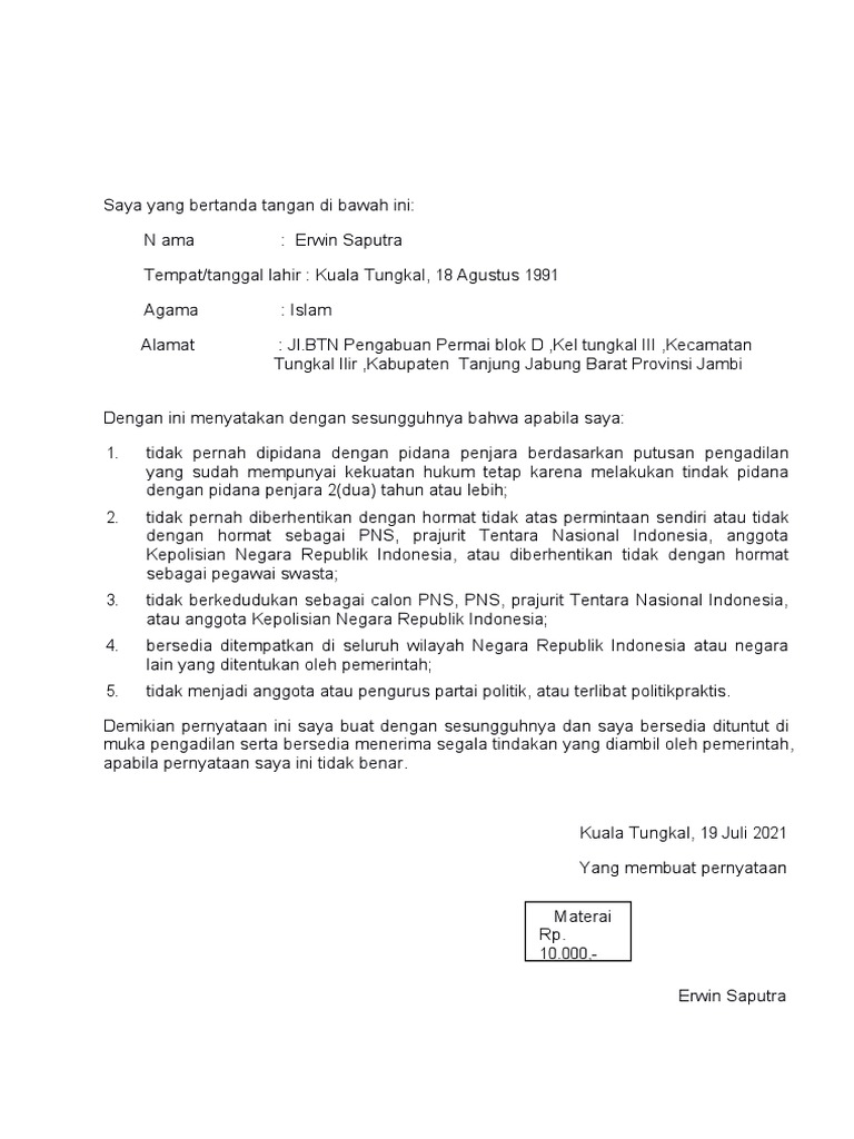 Surat Pernyataan CPNS Polri 2021 | PDF
